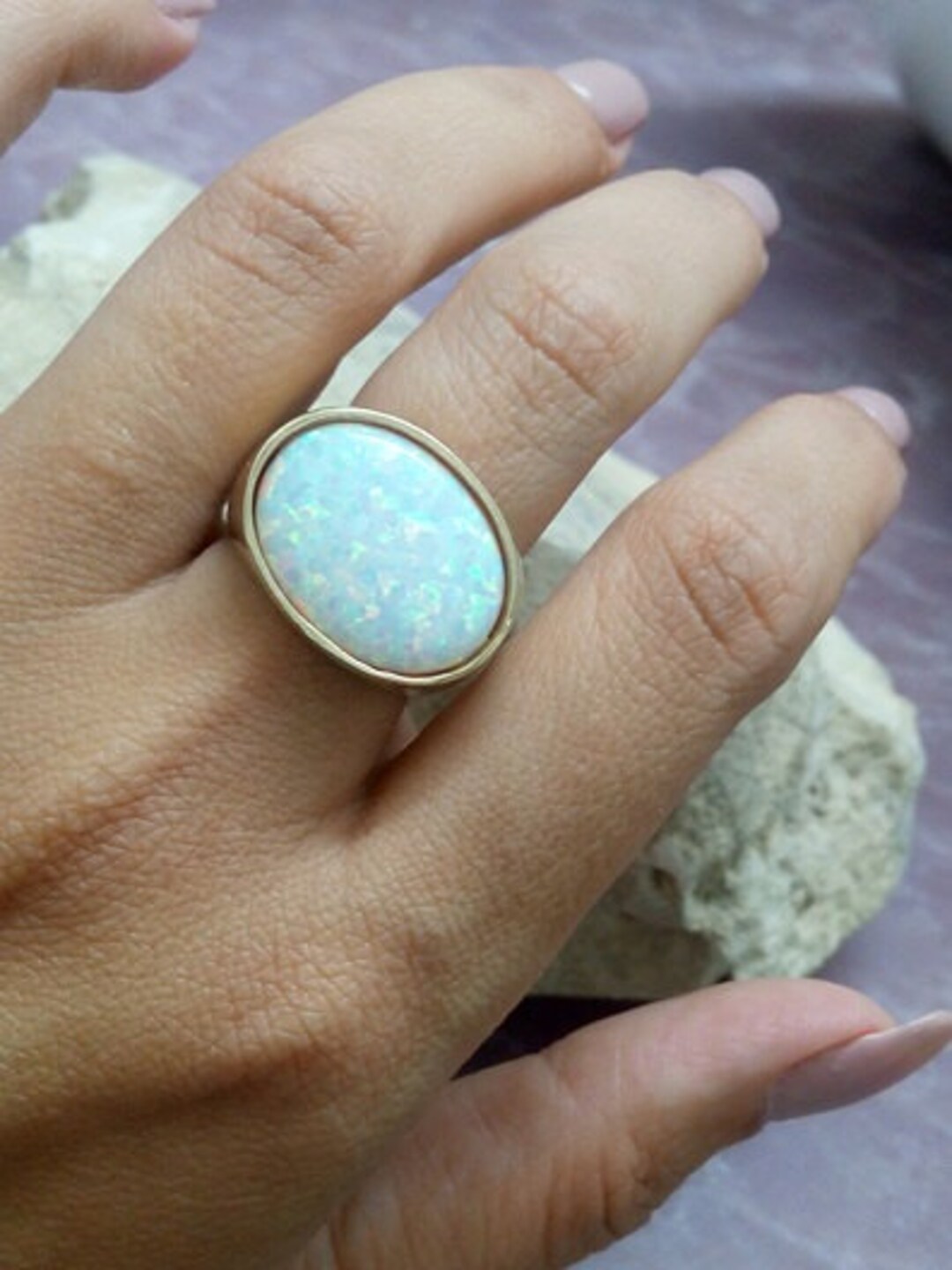 Wide Ring, White Opal Ring ,bezel Ring, Oversize Stone Ring, Bold Ring ...