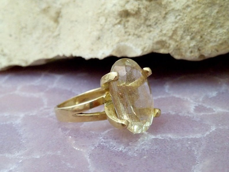Oval Gold Ring Golden Rutilated Quartz Gemstone Ring Prong - Etsy