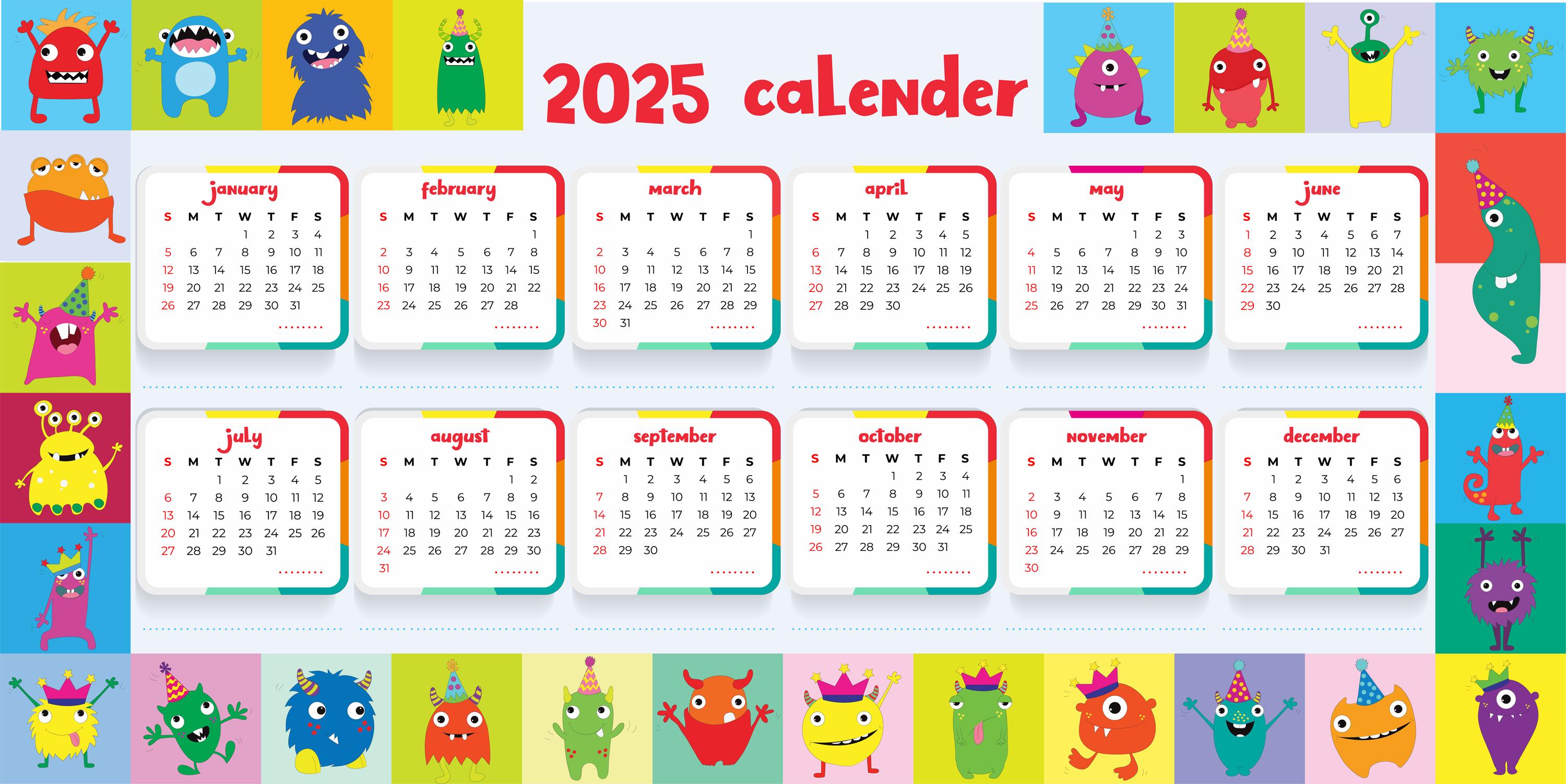 Cute Monsters, Printable Calendar, Kids Calendar 2025, Printable ...