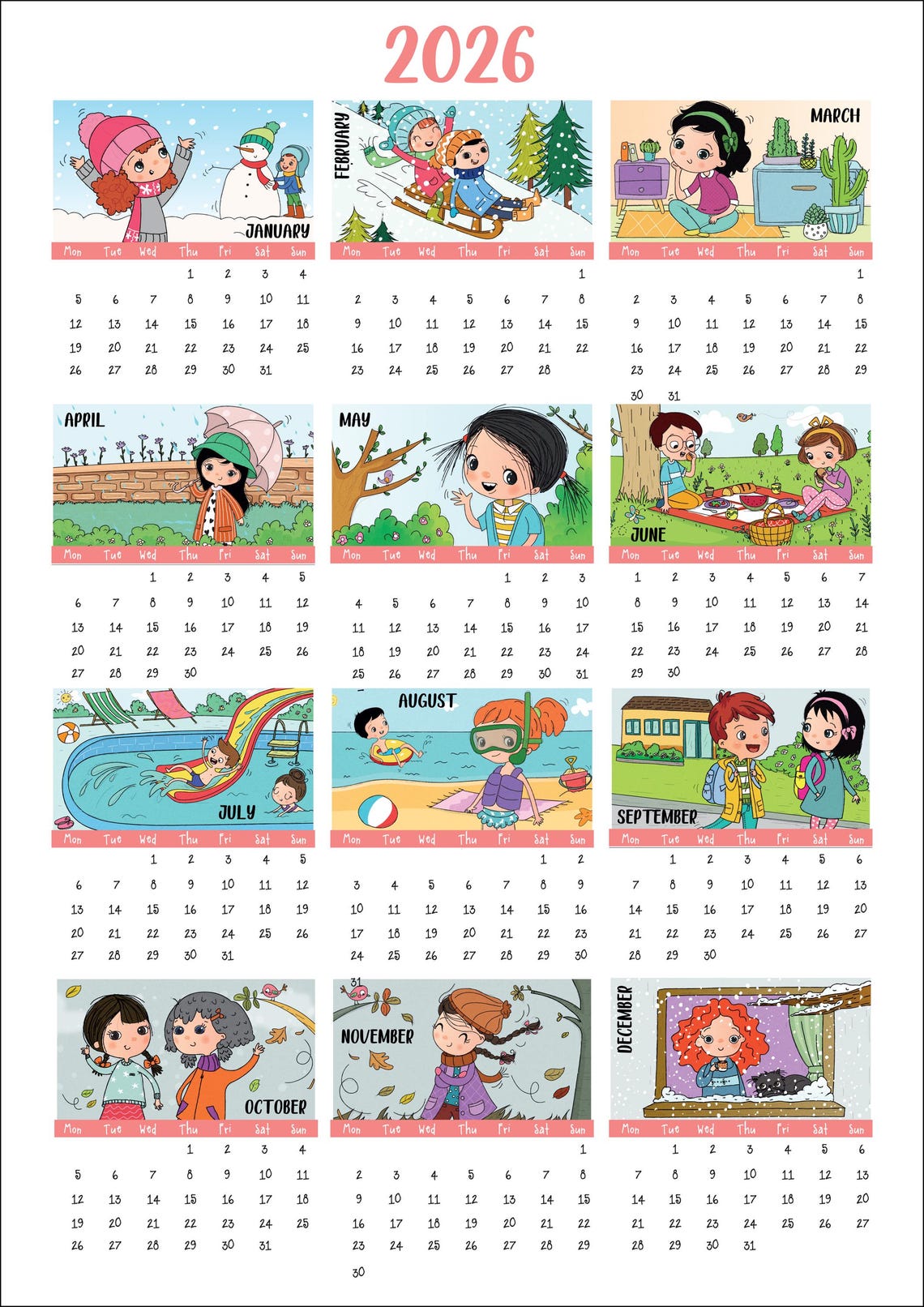 Printable Calendars, Undated Printable Kids Calendars, Watercolor ...