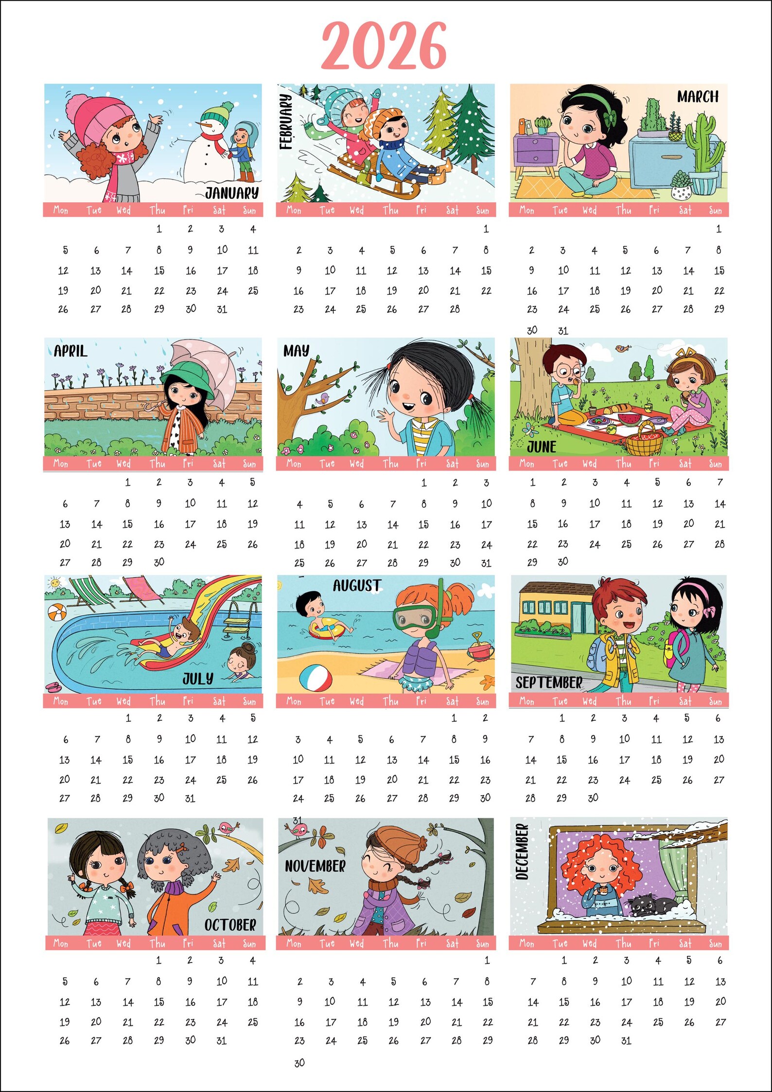 Printable Calendars, Undated Printable Kids Calendars, Watercolor ...