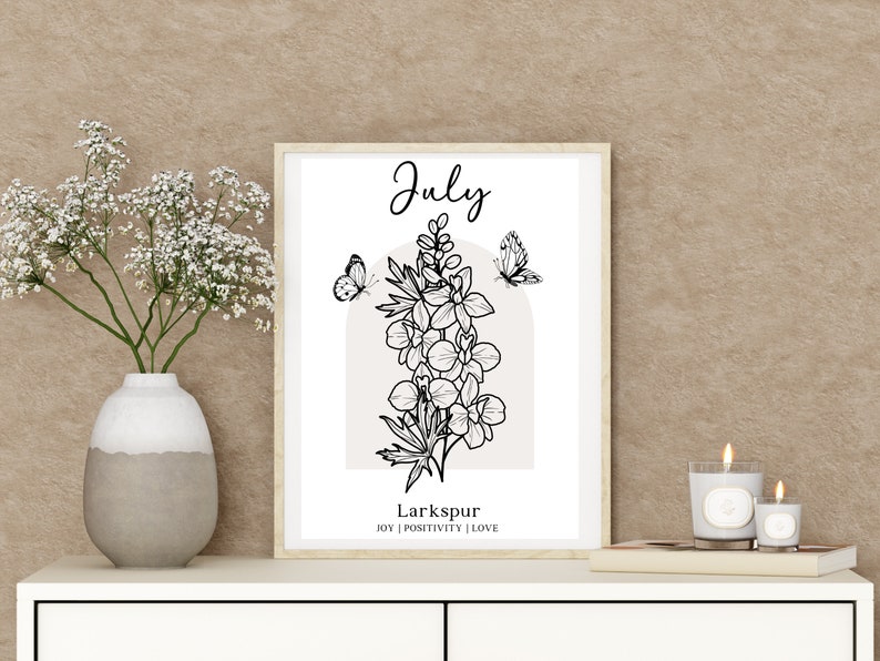 July Birth Flower Larkspur Line Art Print (digital Download) - Etsy