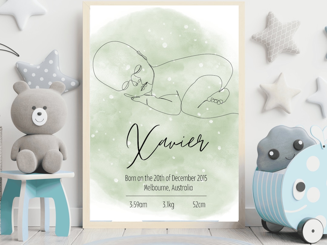 Custom Birth Poster, Nursery Line Art, Baby Line Drawing, Personalised ...