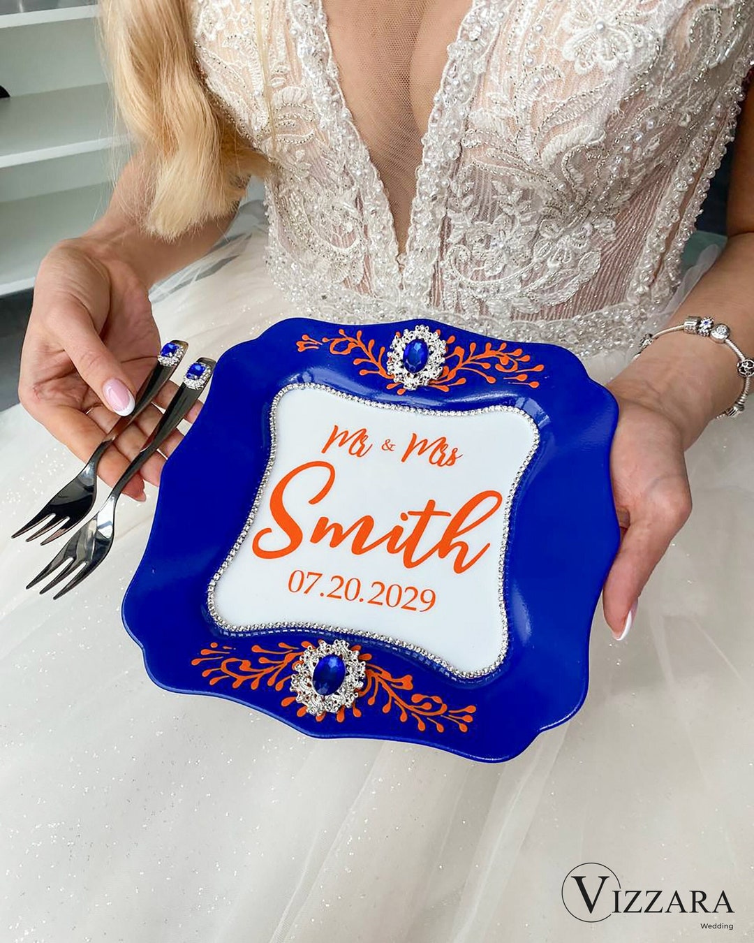 Wedding Plate Royal Blue and Orange Wedding, Personalized Plate, Cake ...