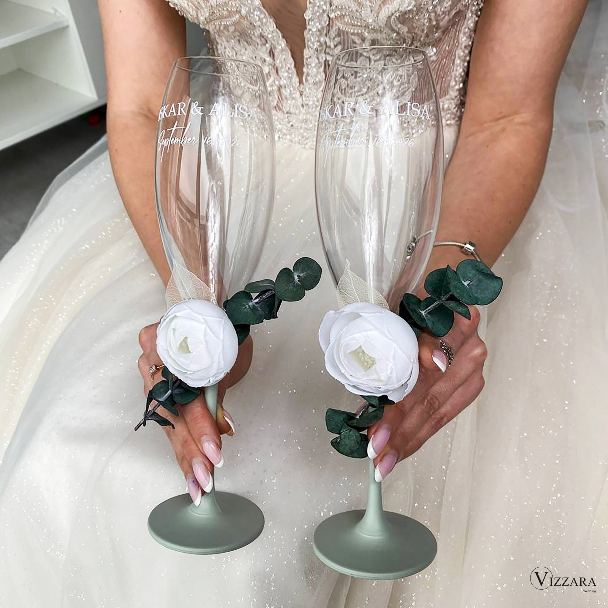 Champagne Glasses Set of 2 Sage Green Wedding, Personalized Glasses ...