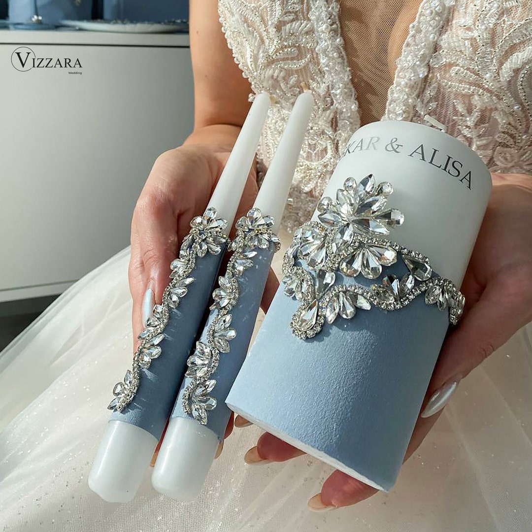 Unity Candle Set of 3 Dusty Blue and Silver Wedding, Wedding Candle ...