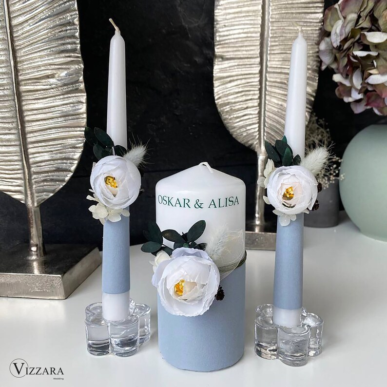 Unity Candle Set of 3 Dusty Blue Wedding, Wedding Candle Dusty Blue ...