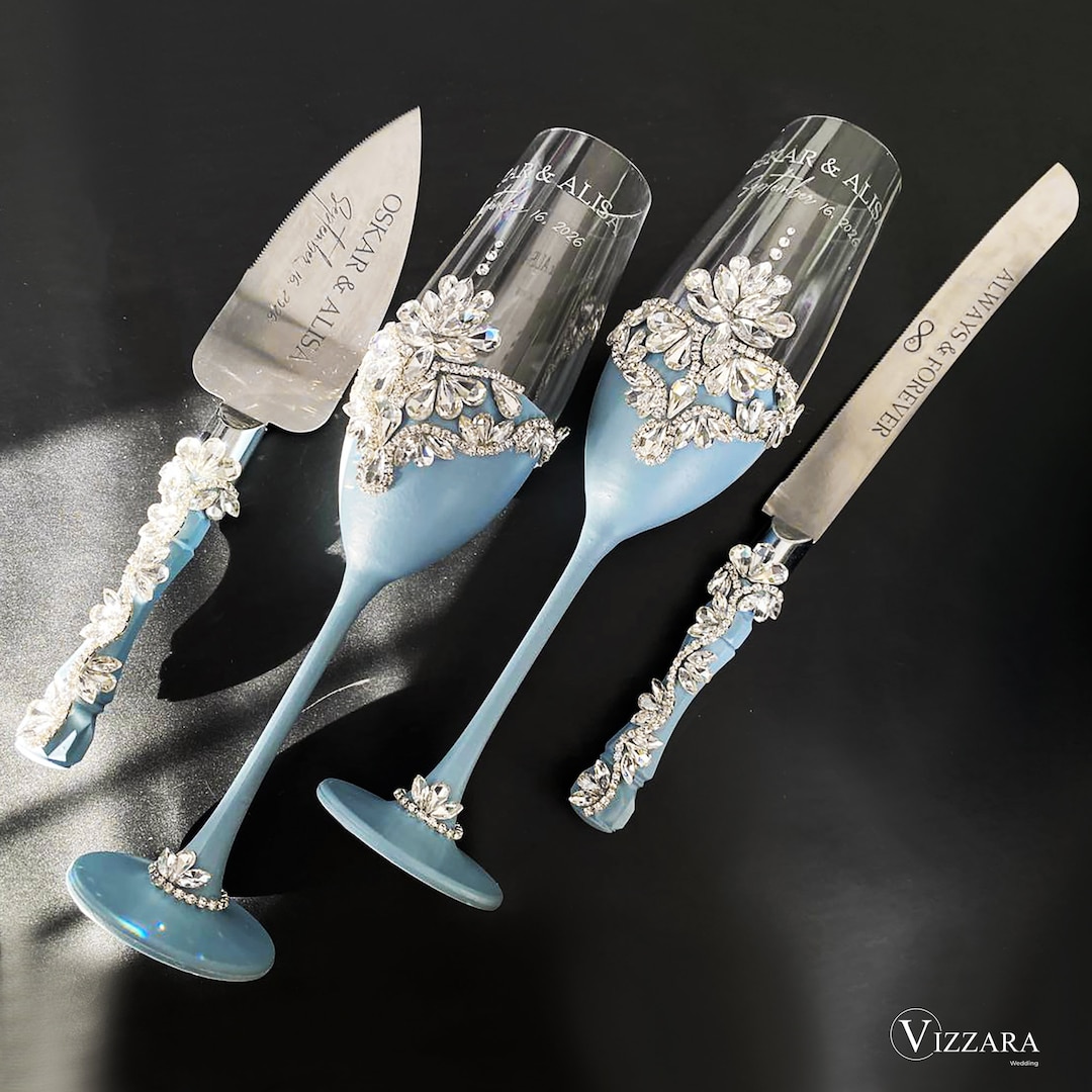 Wedding Glasses Set of 2 and Cake Cutting Set Dusty Blue Wedding ...