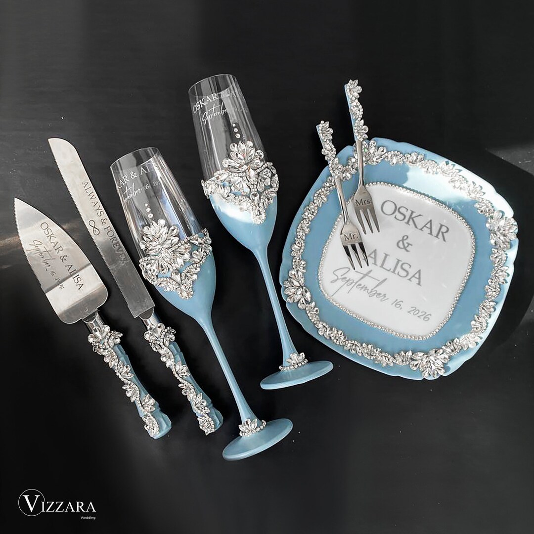 Wedding Glasses Set of 2 and Cake Cutting and Wedding Plate Set Dusty ...