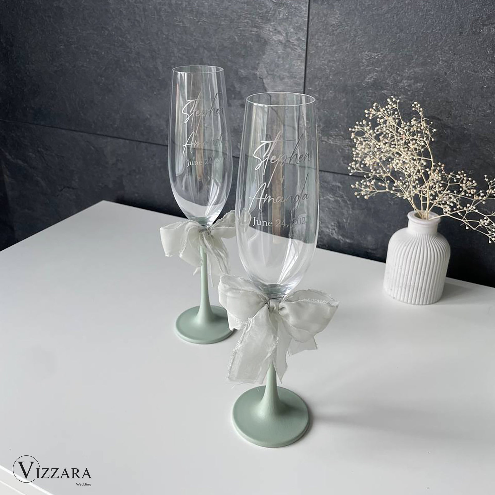 Wedding Glasses Set of 2 Sage Green Wedding, Personalized Glasses ...