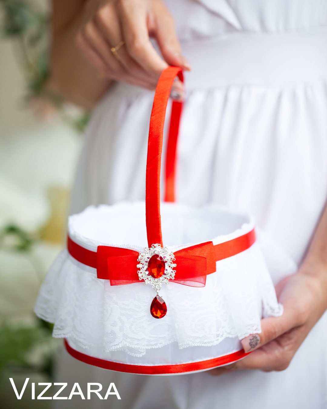 Flower Girl Basket White and Red Wedding, Flower Basket White and Red ...