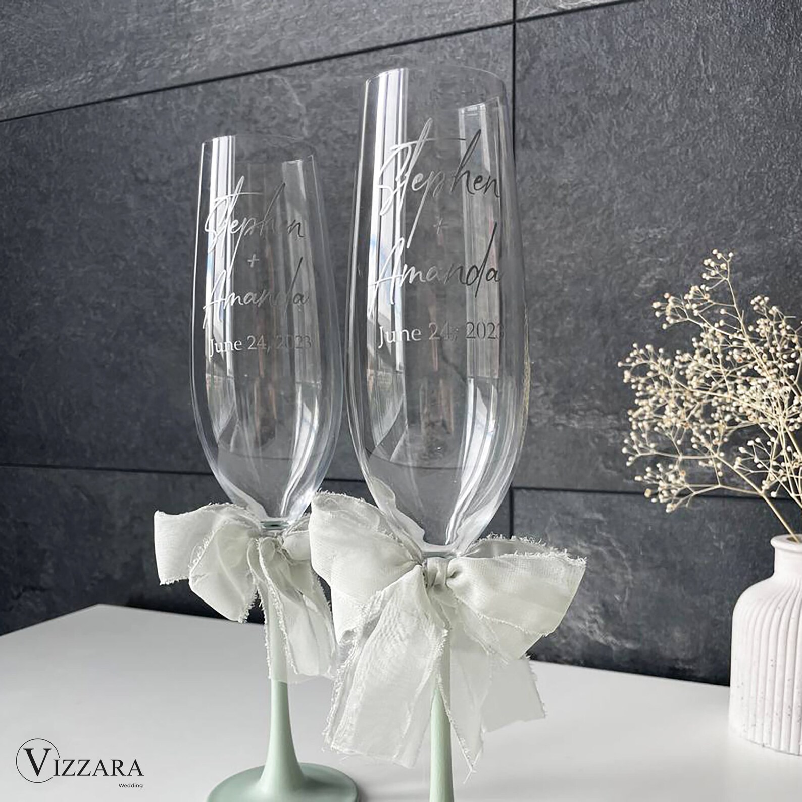 Wedding Glasses Set of 2 Sage Green Wedding, Personalized Glasses ...