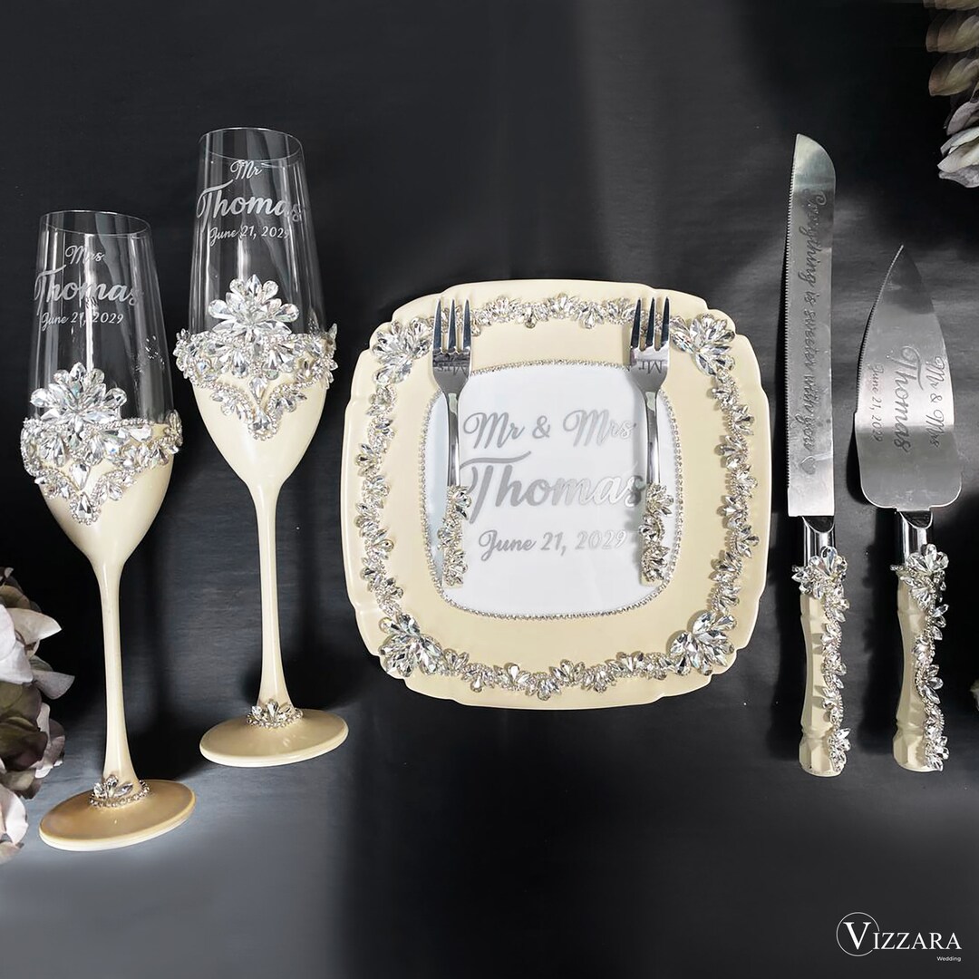 Champagne Glasses and Cake Server and Cake Plate Set of 7 Pcs Ivory ...