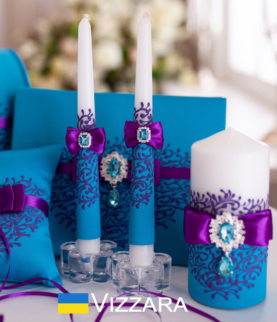 Unity Candles Set of 3 Turquoise and Purple Weddings Personalized ...