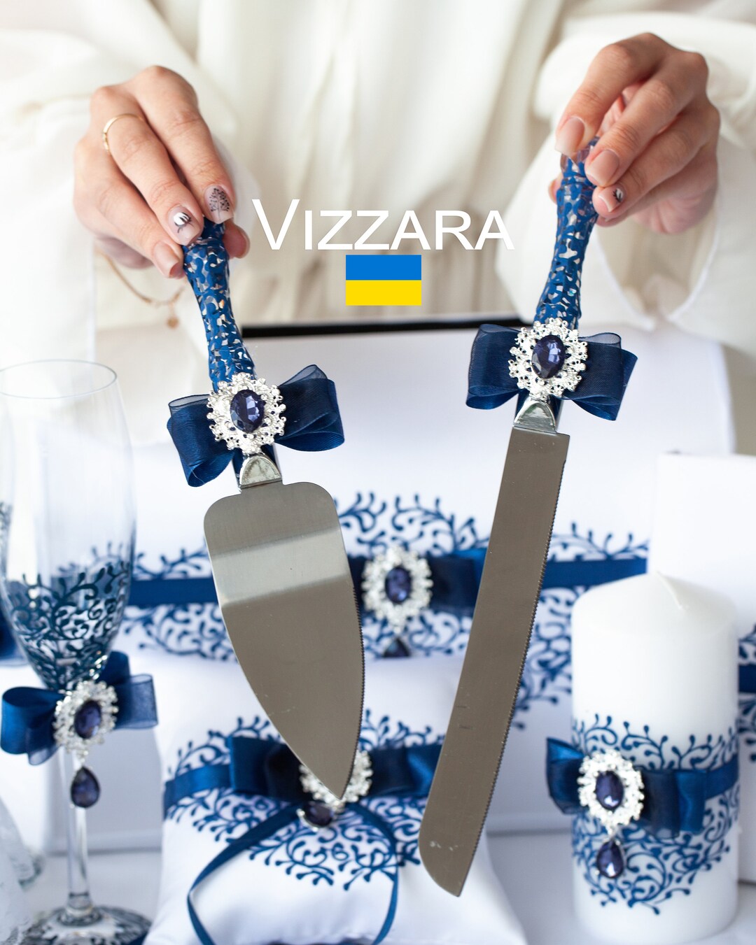 Cake Servers White and Navy Blue Weddings Personalized Cake Cutting Set ...