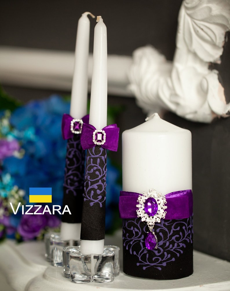 Unity Candles Set of 3 Black and Purple Weddings Unity Candle - Etsy