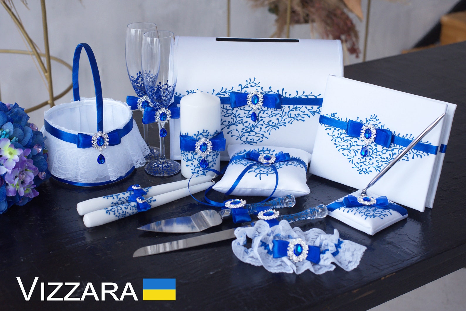 White and Royal Blue Weddings Set Weddings Personalized Ring | Etsy