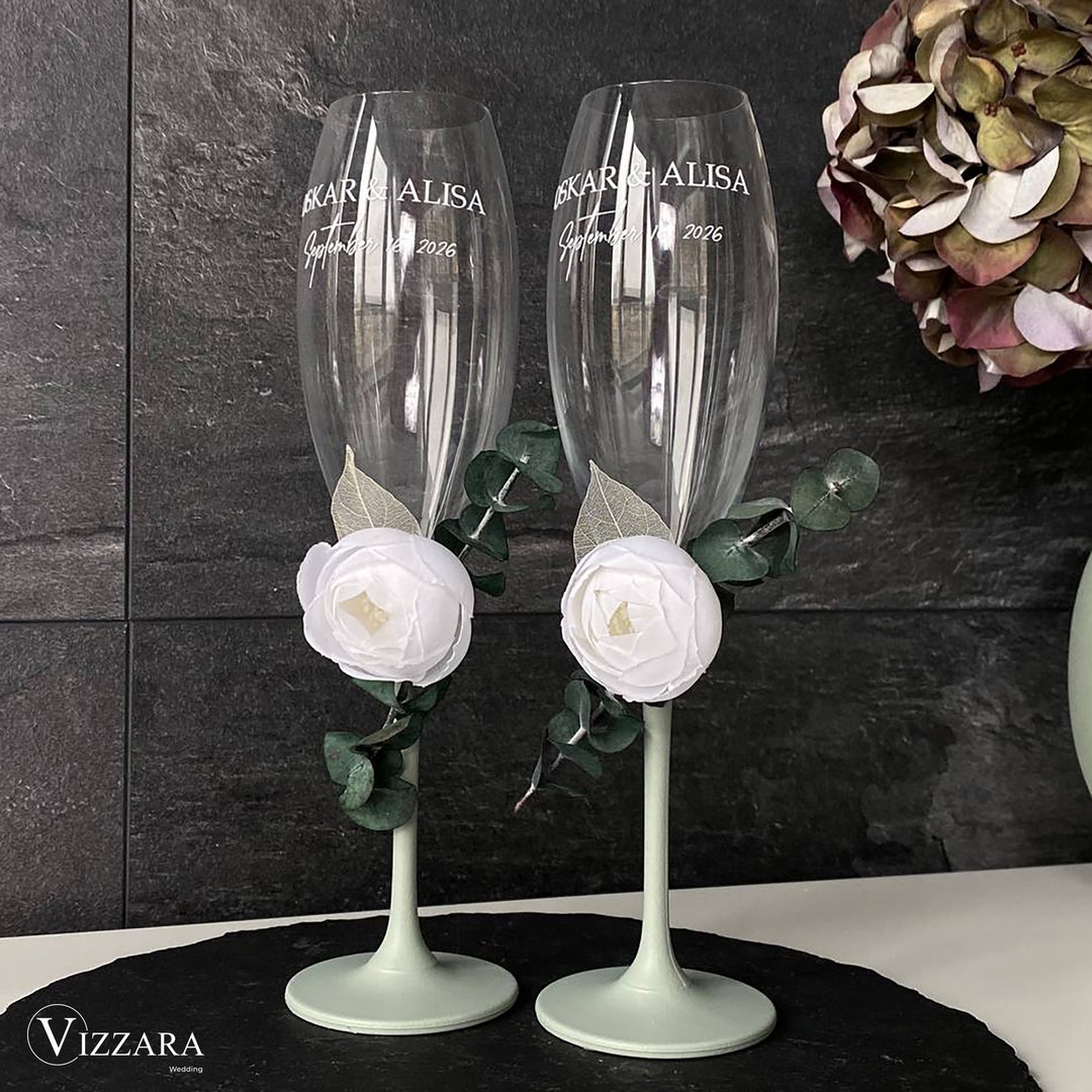 Champagne Glasses Set of 2 Sage Green Wedding, Personalized Glasses ...