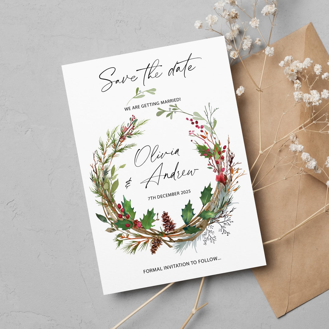 Winter Save the Date Cards, Christmas Wedding Save the Dates, Holly ...