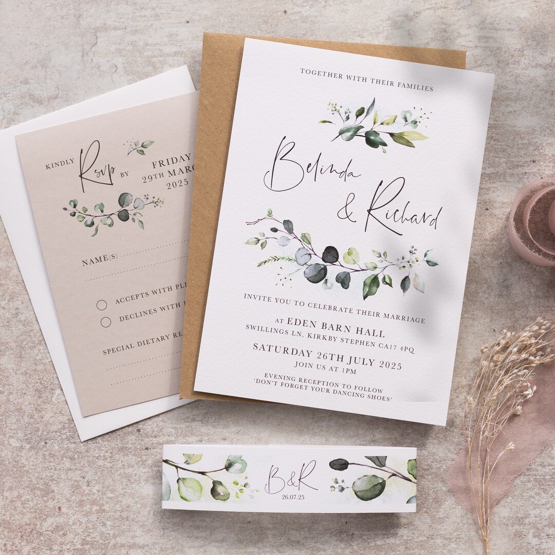 Evergreen Wedding Invitation Sample Pack, Botanical Wedding Invite, Rustic Foliage Wedding ...