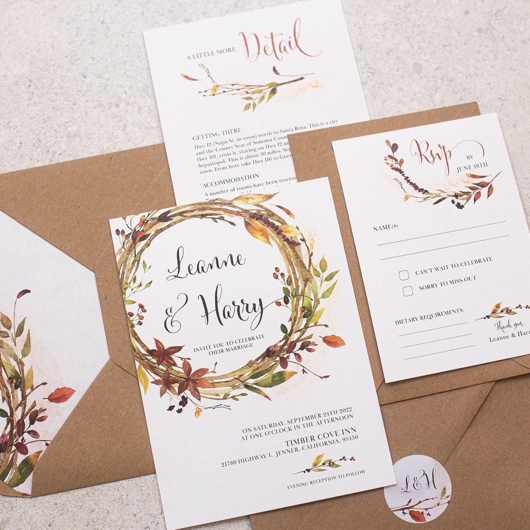 Fall Wreath Wedding Invitation Sample Pack, Romantic Fall Wedding ...