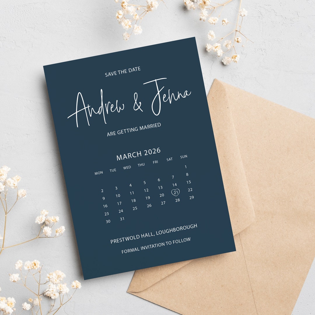 Calendar Save the Date Cards, Script Blue Wedding Save Our Dates ...