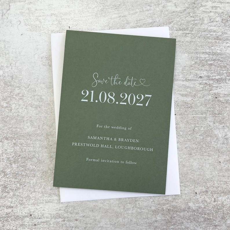 Moss Green Save the Date Cards, Custom Wedding Romantic Script Save the ...