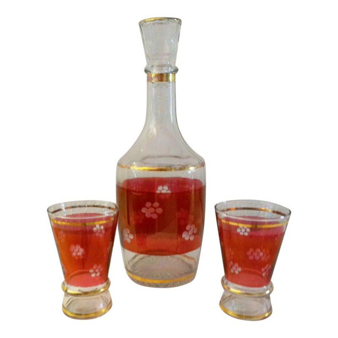 Mid-century Bohemian Red & Gold Crystal Decanter W/glasses, 3 Pcs - Etsy