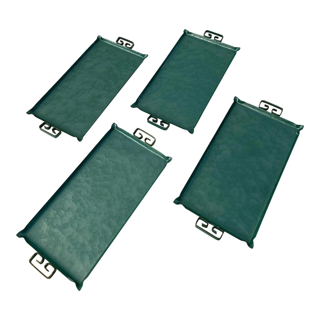 Mid-century Kyes Moire Greek Key Caribbean Green Appetizer Trays, Set/4 ...