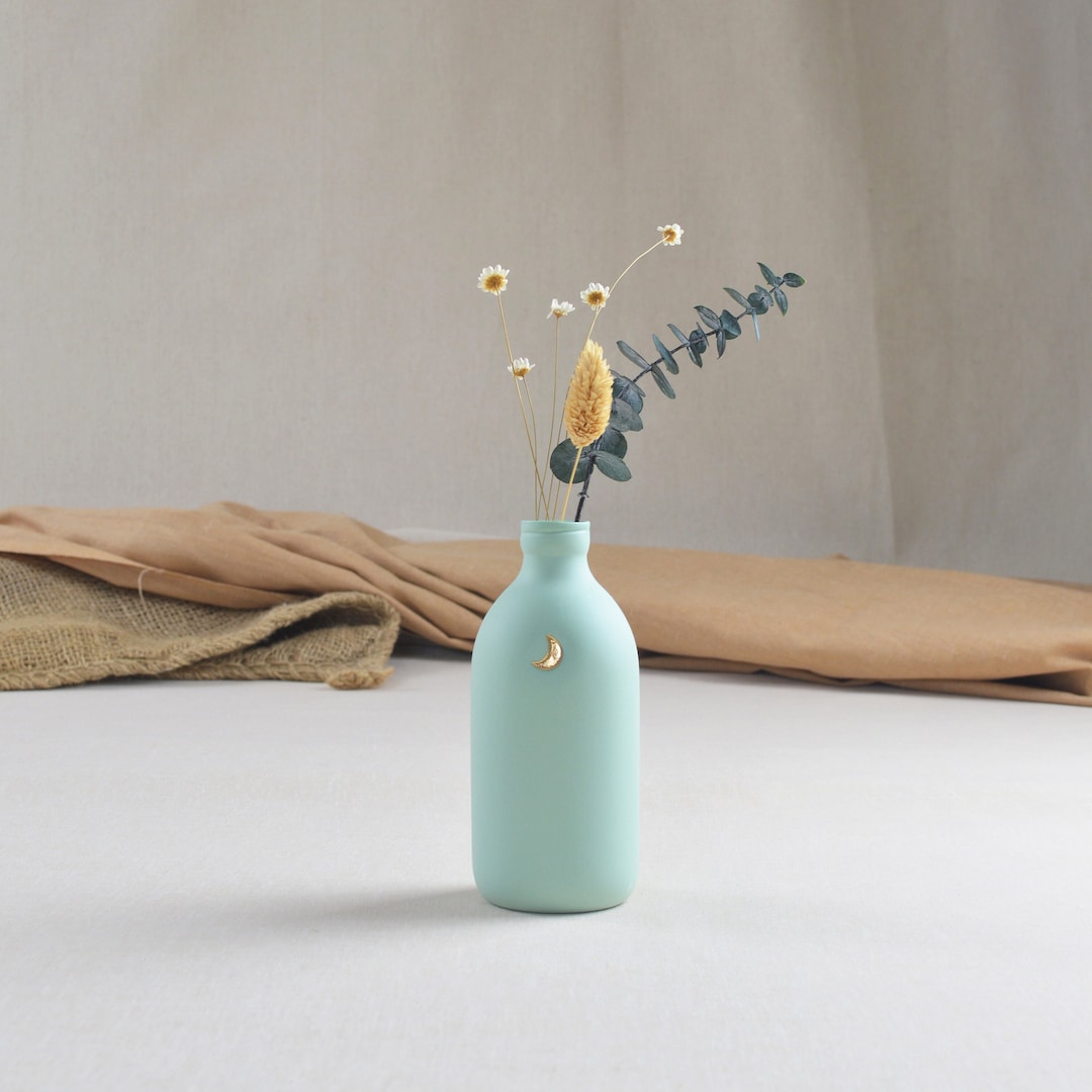 Mint Bottle Vase With a Gold Crescent Moon, Mint Vases, Pastel Bottle Vase, Living Room Decor ...