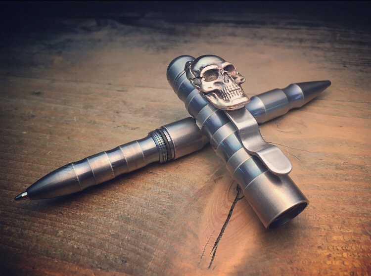 Solid Titanium Ballpoint Pen by Böker / XXL Sterling Silver Skull Clip