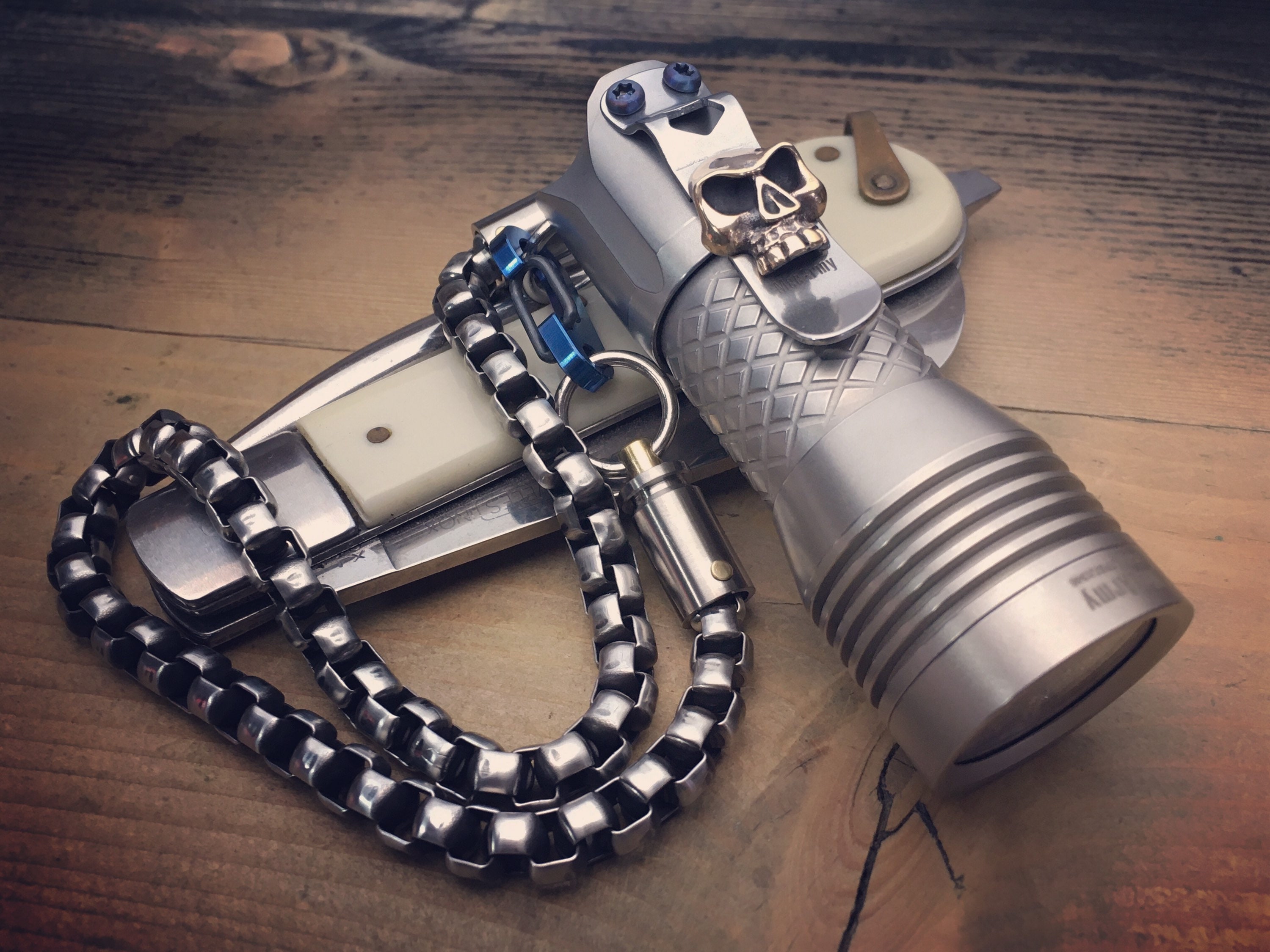 Brass Skull Monkey Clip / EDC Flashlight / Rechargeable Micro USB