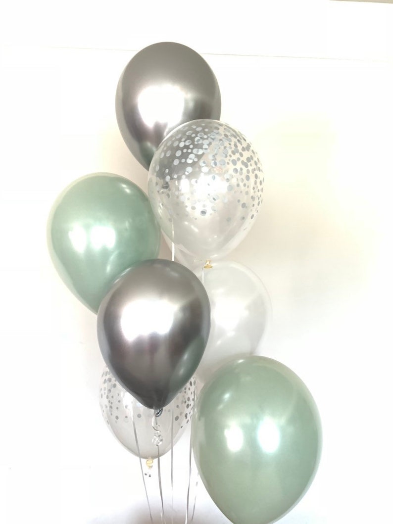Sage Green Balloon Bouquet | Silver, White & Confetti Balloons (8-count ...
