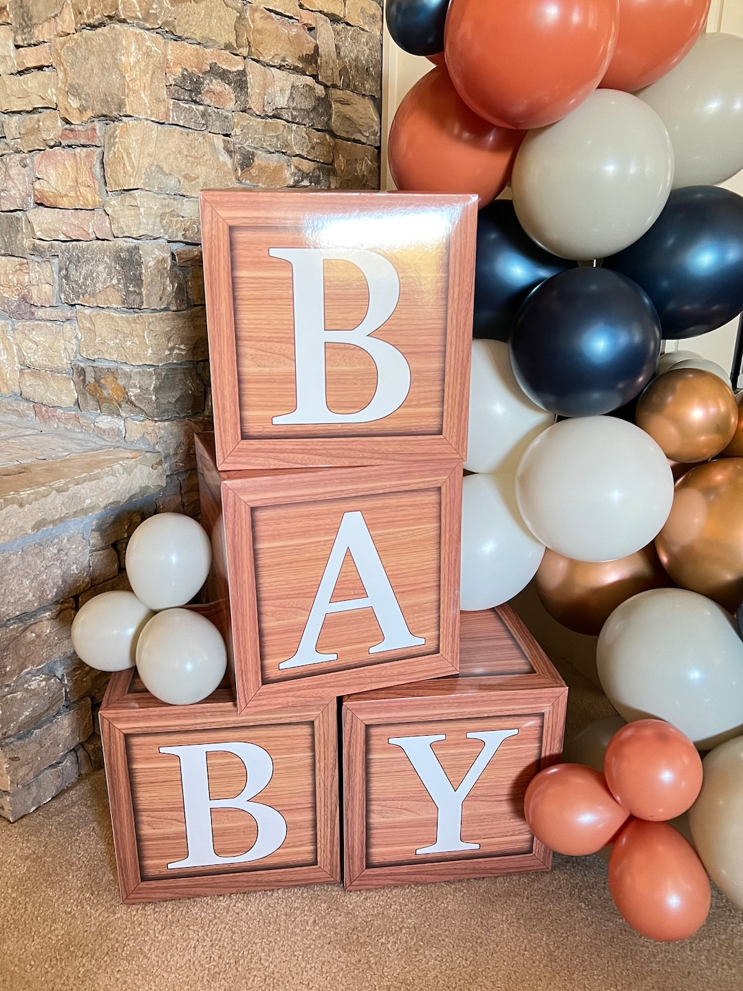 Wood Grain Baby Block Boxes | Baby Shower Blocks | Woodland Baby Shower ...