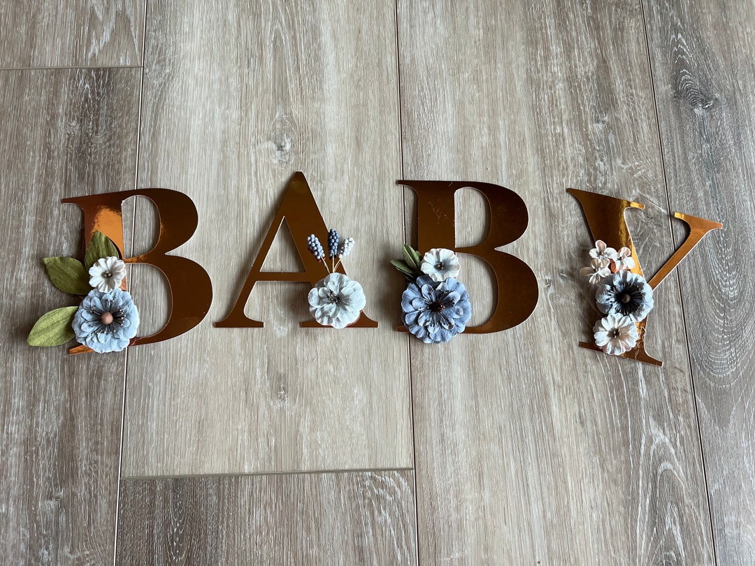 Blue Floral Baby Balloon Box Letters Only | Rose Gold and Blue Baby ...