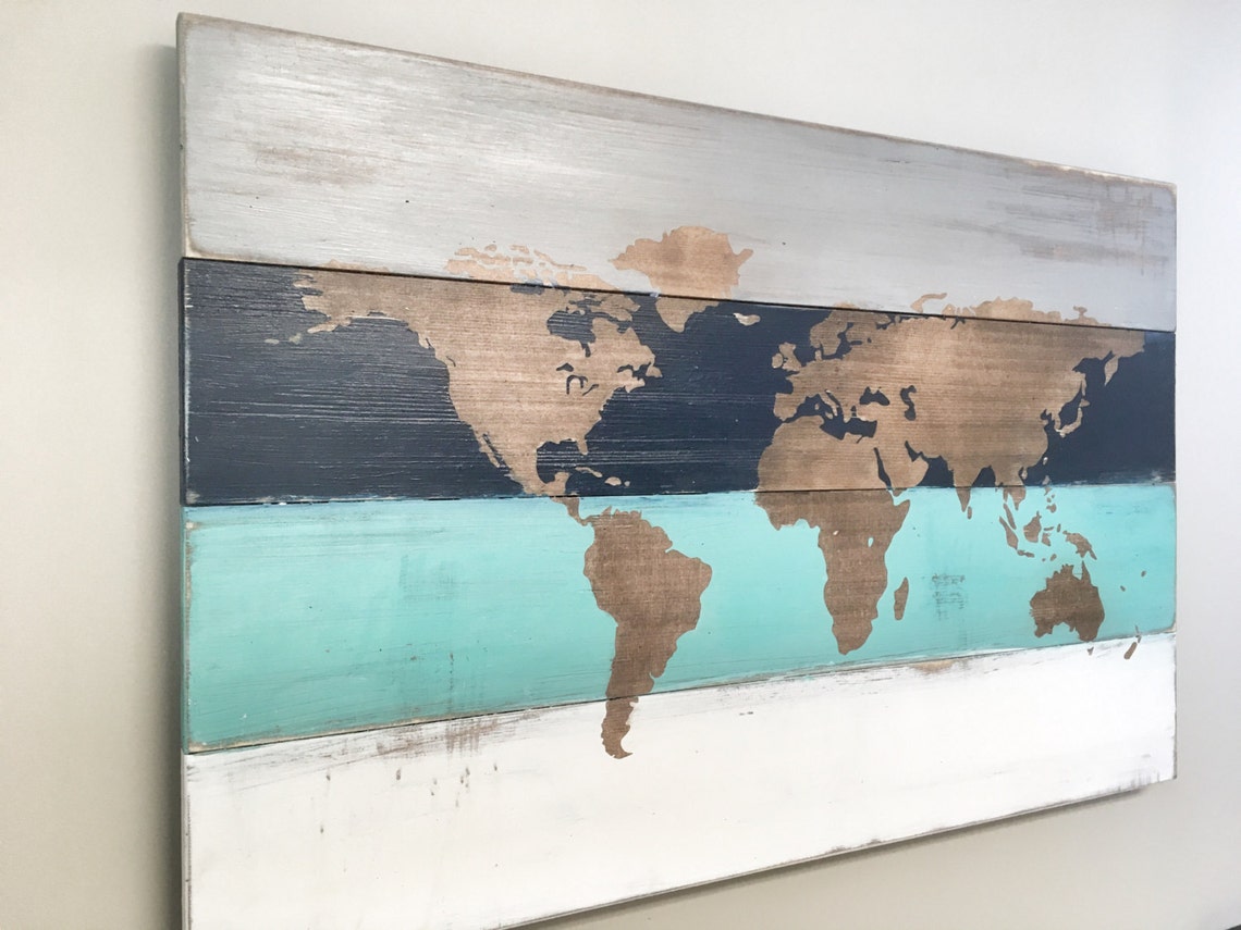 Rustic Wood World Map Blue White Grey World Map Farmhouse | Etsy