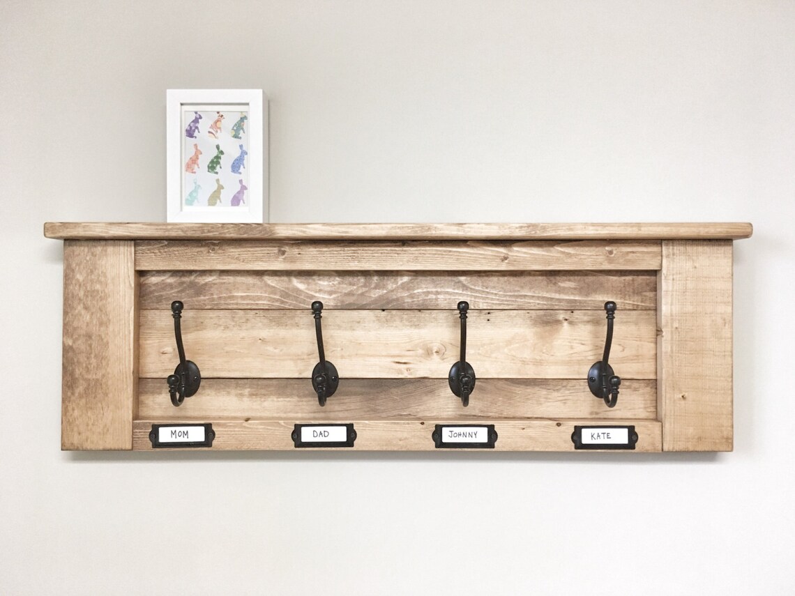 Wall Mounted Coat Rack With Shelf and Hooks, Wooden Coat Rack Shelf ...