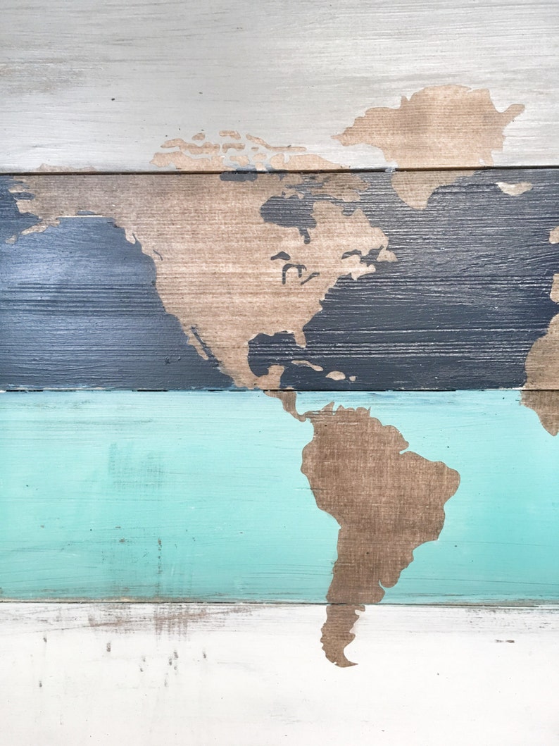 Rustic Wood World Map, Blue White Grey World Map, Farmhouse Home Decor ...