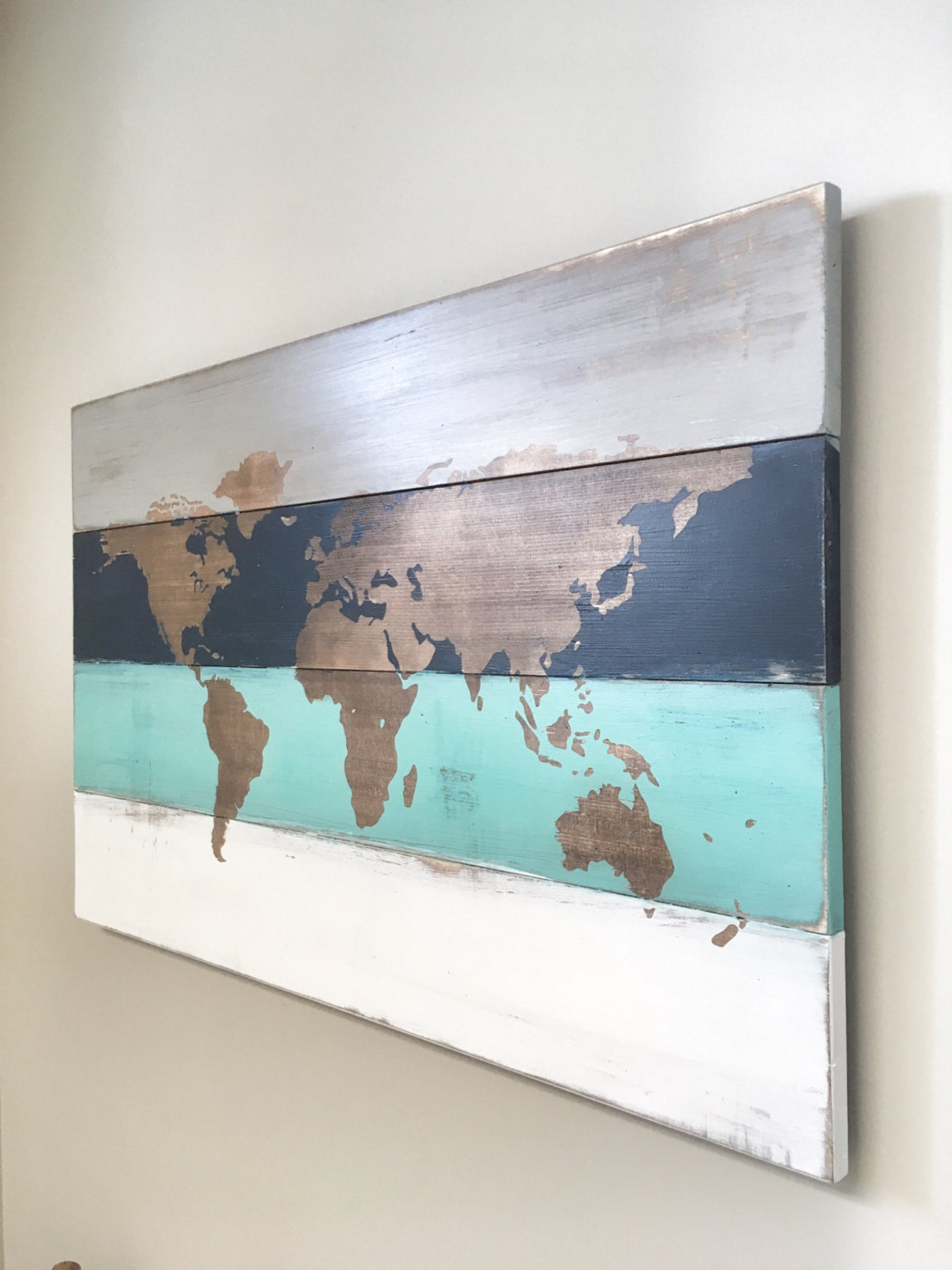 Rustic Wood World Map, Blue White Grey World Map, Farmhouse Home Decor ...