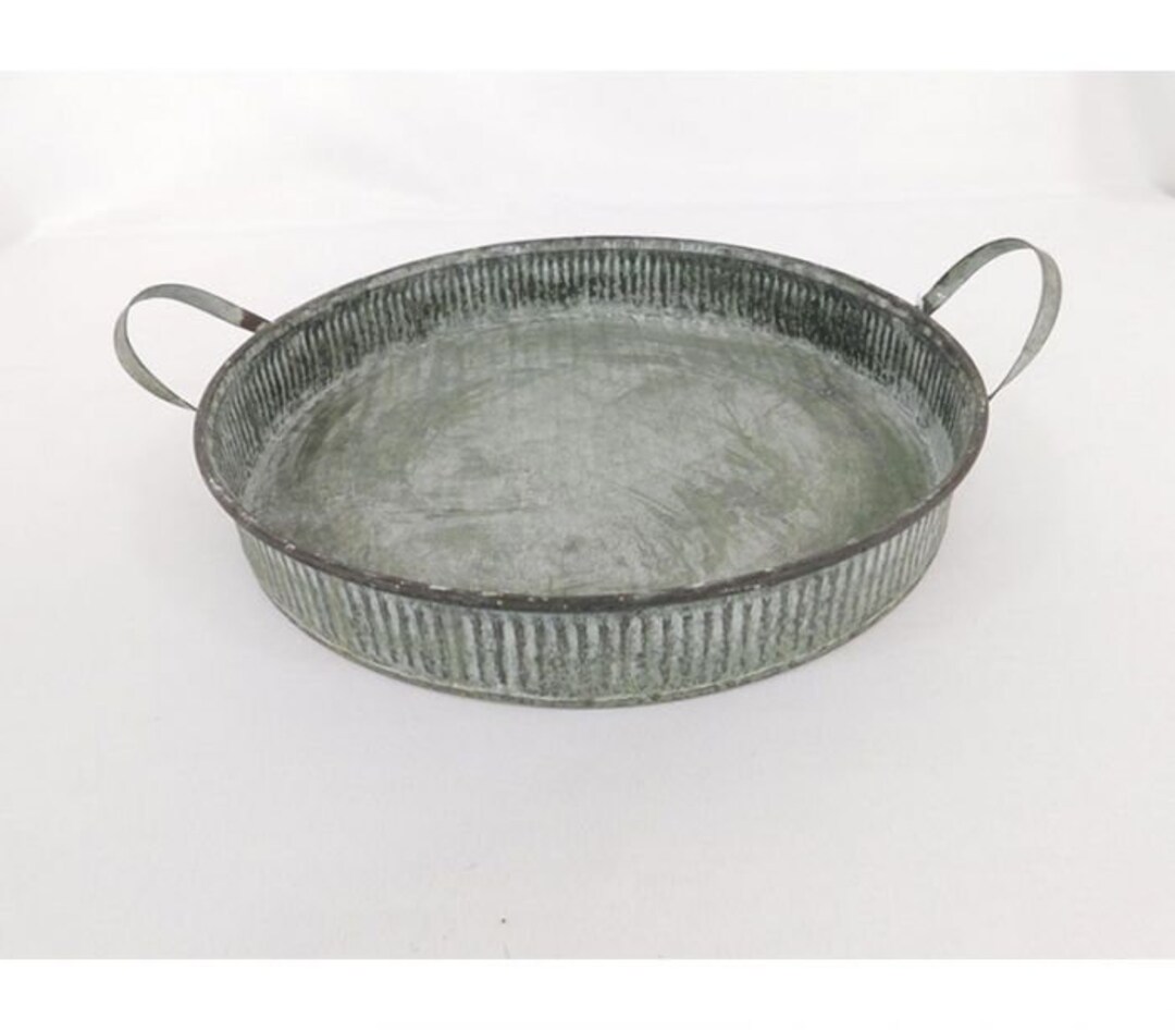 Galvanized Metal Round Tray With Handles - Etsy
