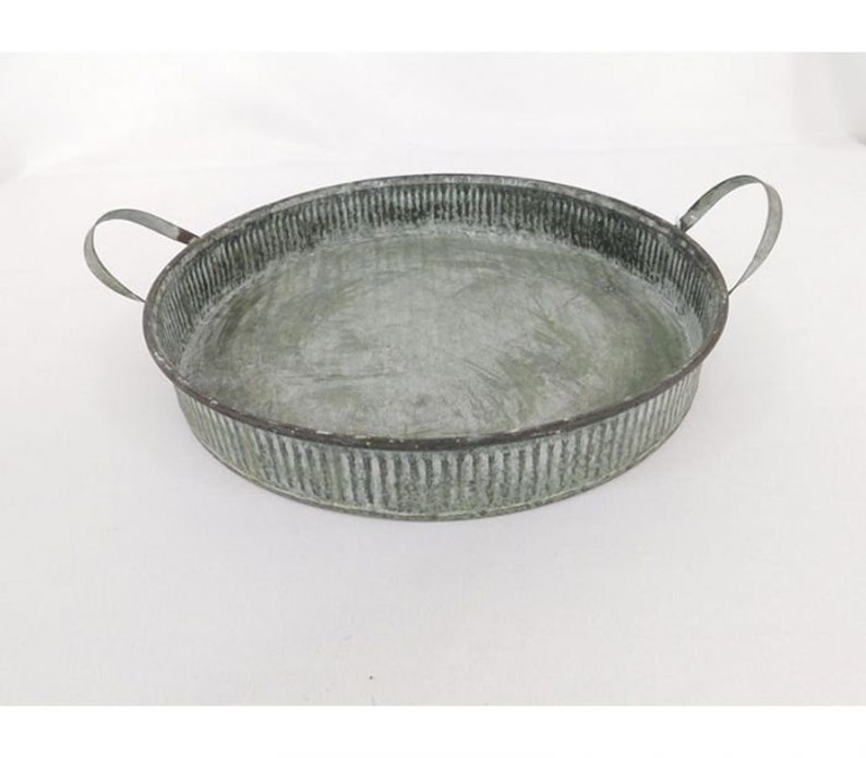 Galvanized Metal Round Tray With Handles - Etsy