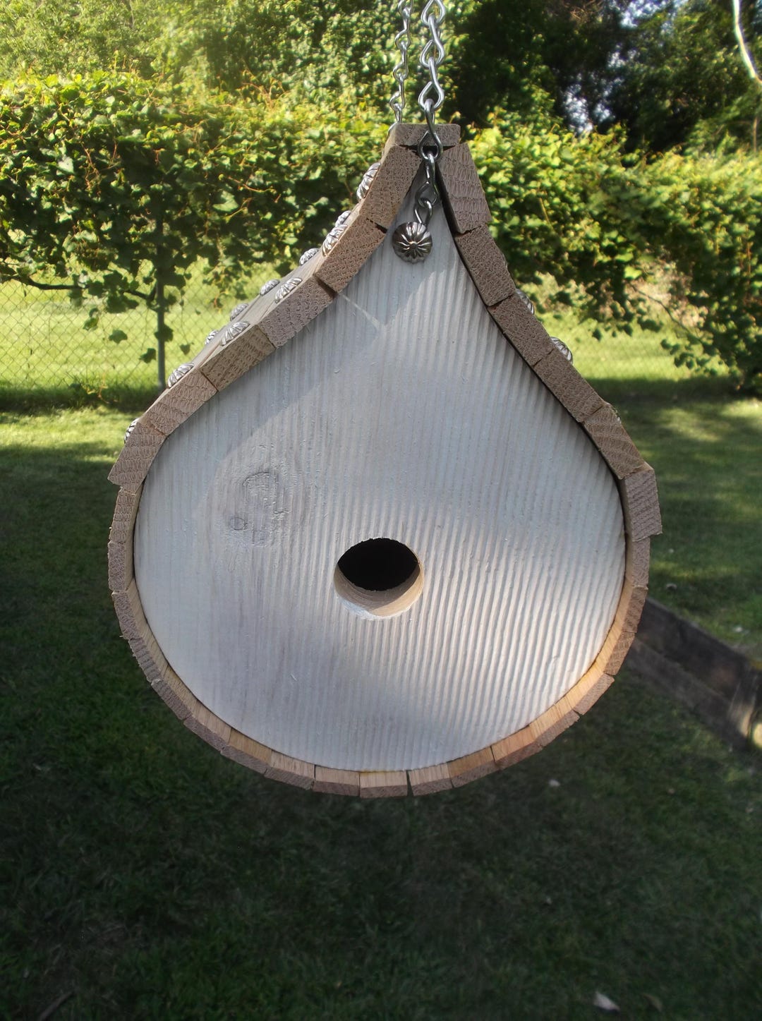 Whitewashed Teardrop Shape Birdhouse With Oak Hardwood Slats Roof and ...