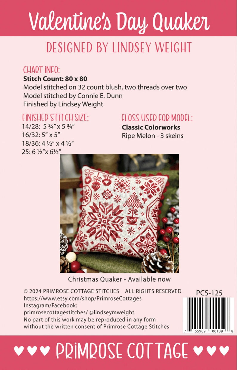Valentine's Day Quaker Cross Stitch by Lindsey Weight of Primrose ...