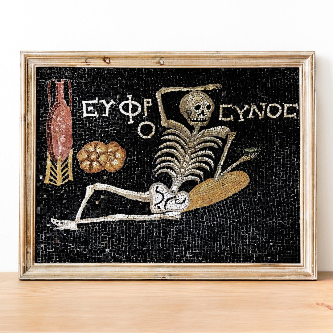 Cheery Laid-back Ancient Skeleton Mosaic Art Print, Ancient Greek Art ...