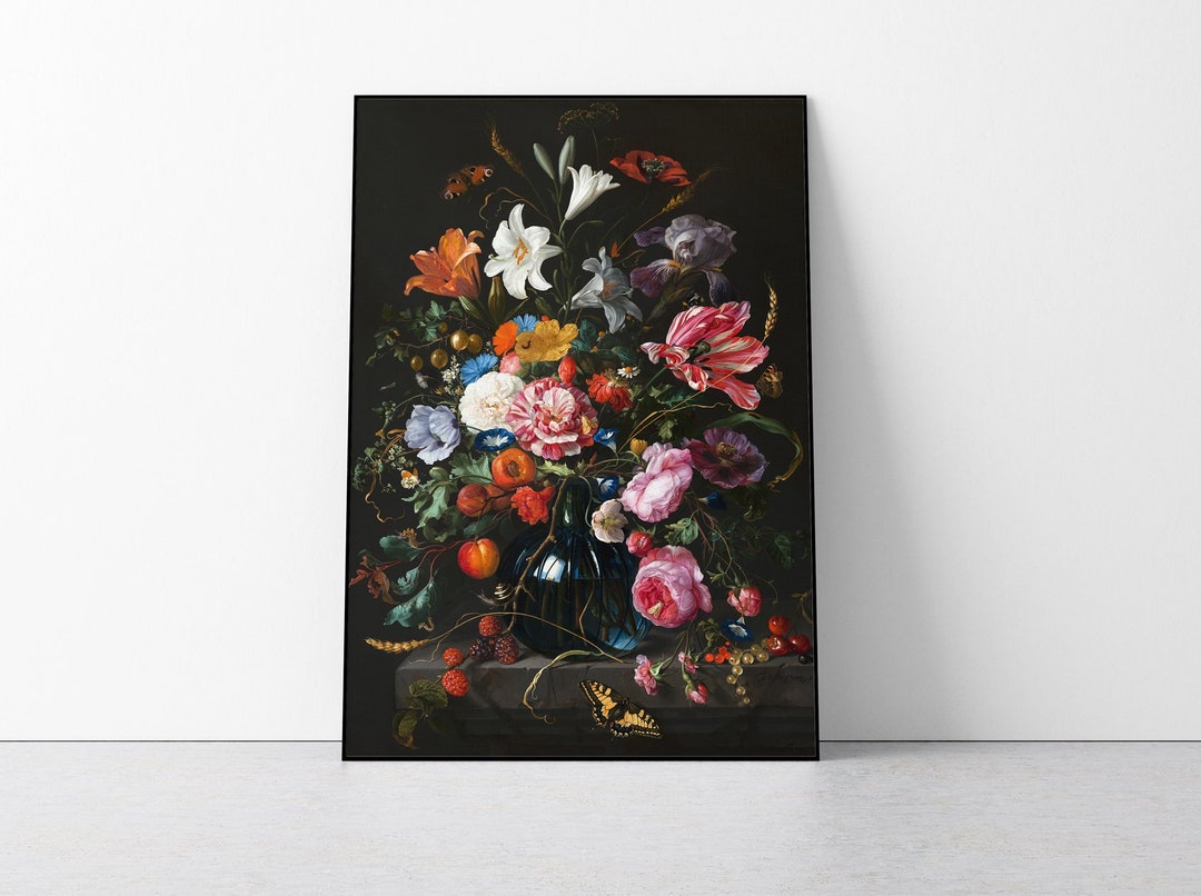 Flowers on Black Background Art Print, Dark Floral Poster, Large Floral ...
