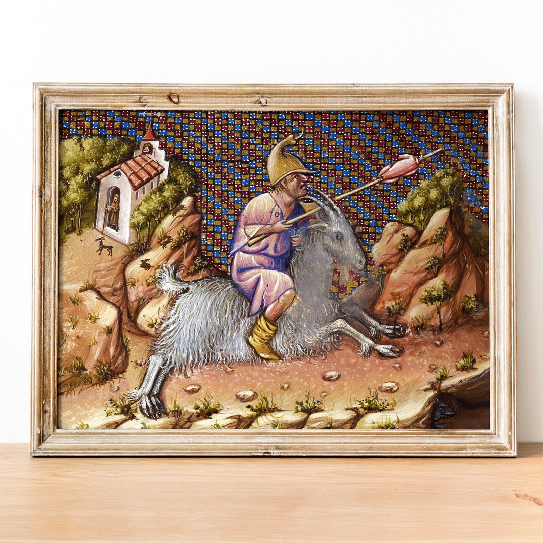 Medieval Fool Riding a Goat Art Print, Medieval Weird Art, Medieval ...