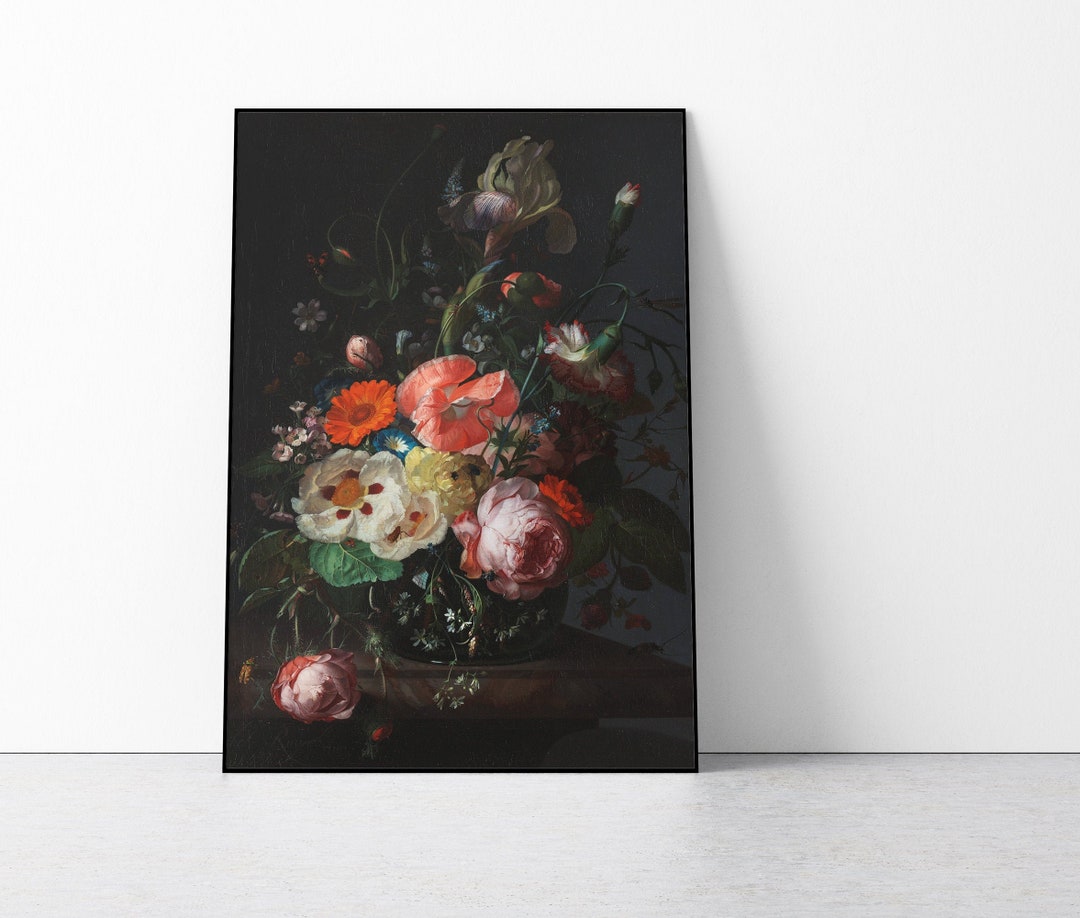 Dark Floral Art Print, Dutch Still Life With Flowers on Black ...