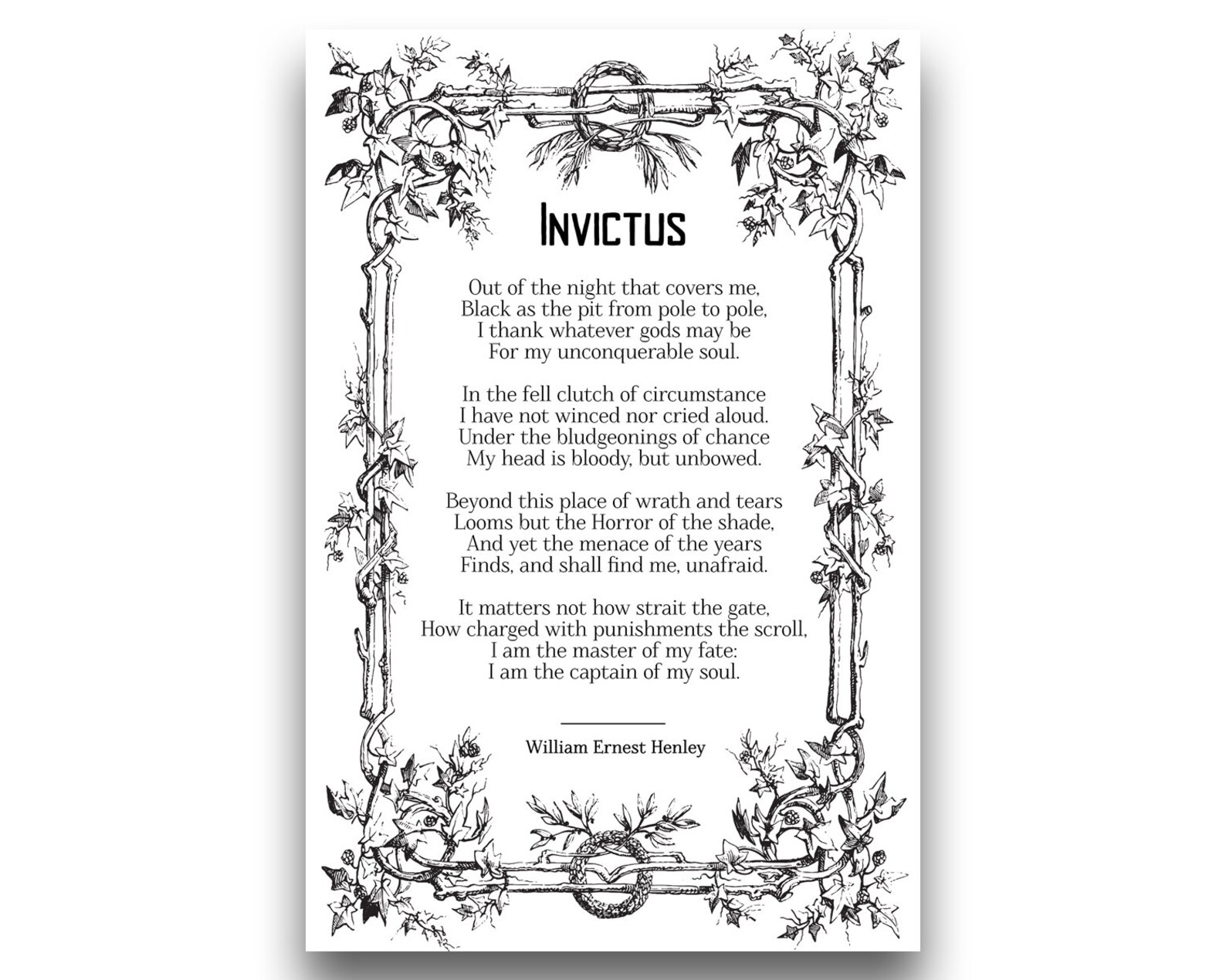 Invictus Poem Print William Henley Poem Inspirational Poem | Etsy