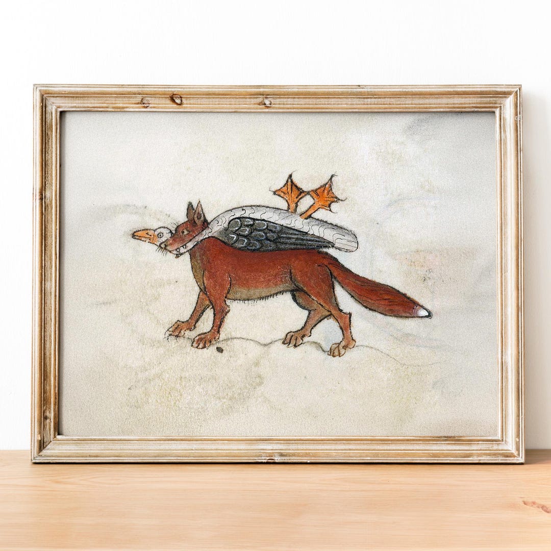 Weird Medieval Fox and Goose Art Print, Medieval Weird Art, Medieval ...
