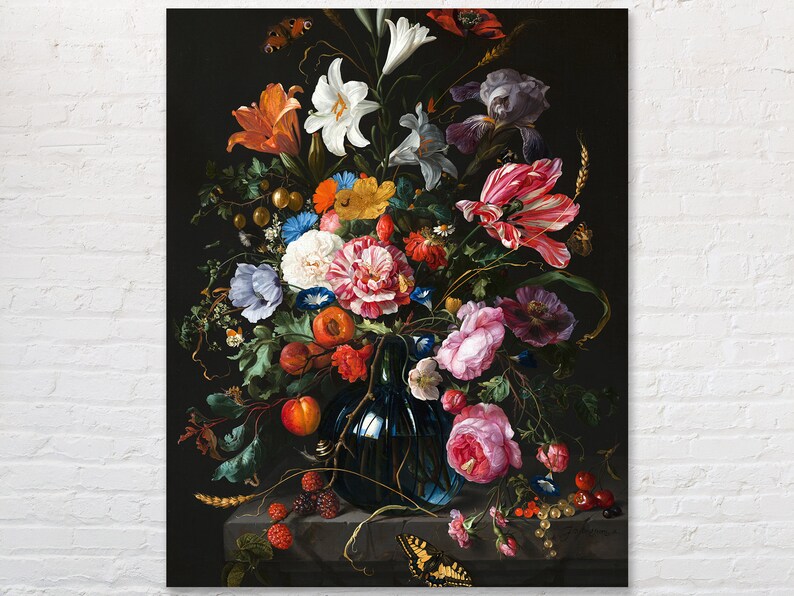 Flowers on Black Background Art Print Dark Floral Poster | Etsy